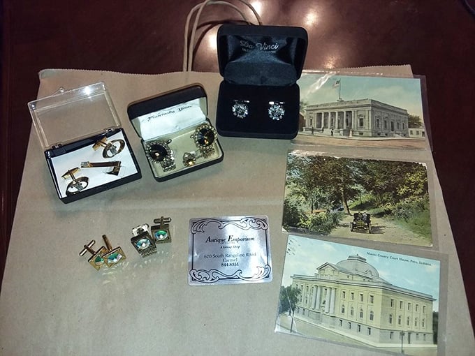 Vintage cufflinks and postcards—tiny time capsules of craftsmanship and correspondence from when "instant messaging" meant same-day mail delivery.