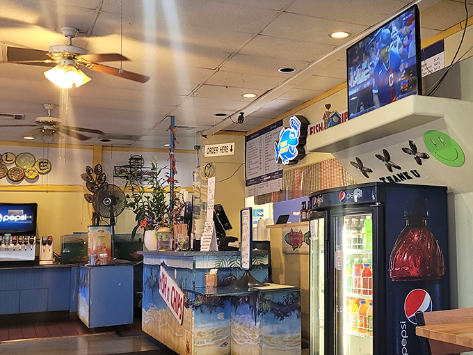 The counter where magic happens. Behind that blue facade, ordinary fish transforms into extraordinary meals that keep locals coming back.