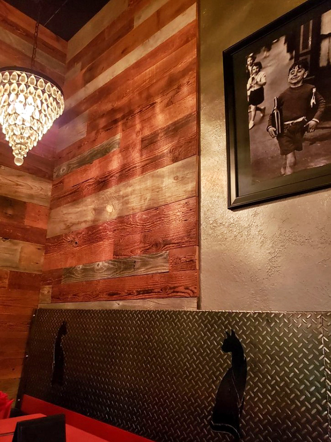 Rustic wood meets crystal chandelier in a design marriage that somehow works better than most Hollywood relationships.