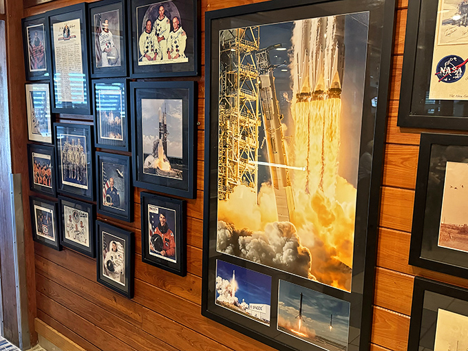 The wall of space memorabilia reminds you that you're in Titusville&mdash;where rocket scientists and astronauts come for rock shrimp after a day of literal rocket science.