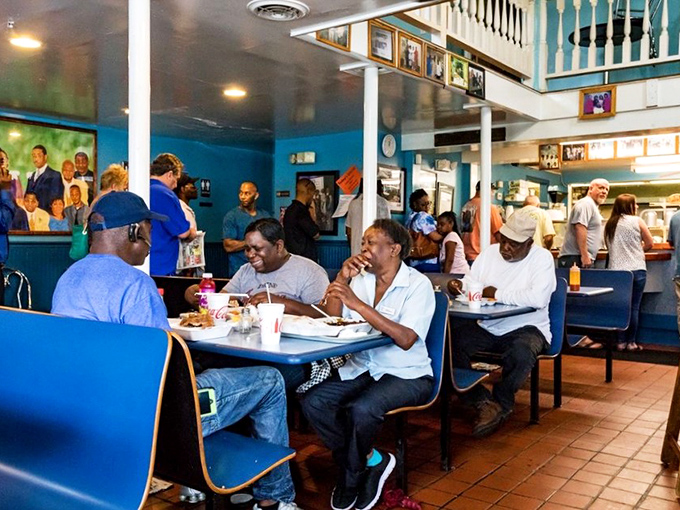 Not a phone in sight, just people living in the moment, connected by the universal language of "mmm" and "pass the hot sauce."