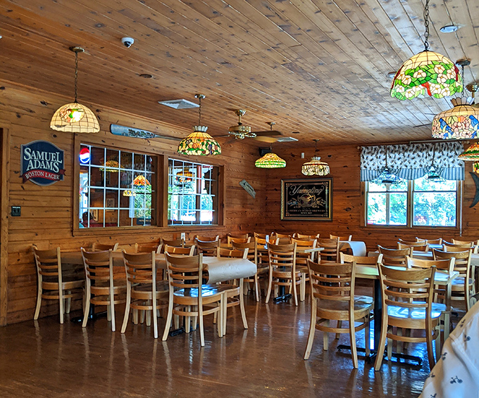 Empty chairs waiting for the next round of seafood pilgrims&mdash;the calm before the delicious storm.