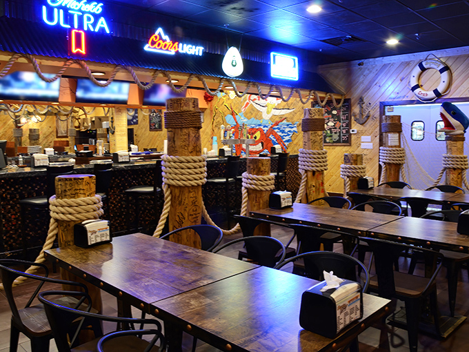 The calm before the delicious storm. Empty tables adorned with thick rope and nautical touches await the impending seafood carnage with stoic dignity. 