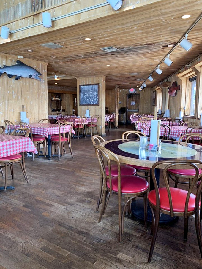 The dining room whispers stories of decades of celebrations, with wooden walls that have absorbed the happy chatter of countless seafood feasts.