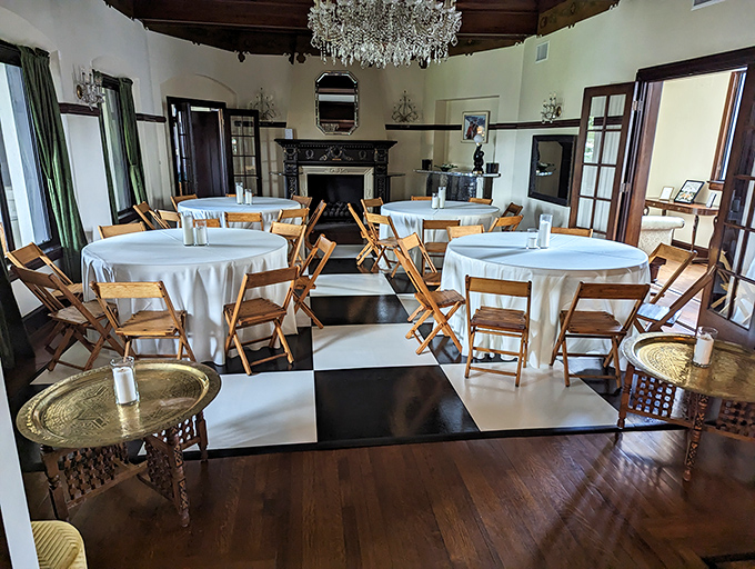 Event space or time machine to a Spanish villa? Those checkerboard floors have hosted everything from wedding toasts to spontaneous dance parties.