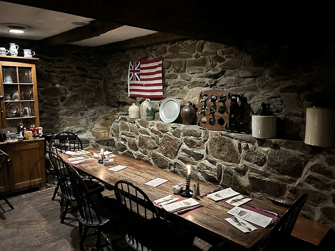 The basement tavern dining area feels like the secret meeting place where America might have been planned over exceptional food and drink.
