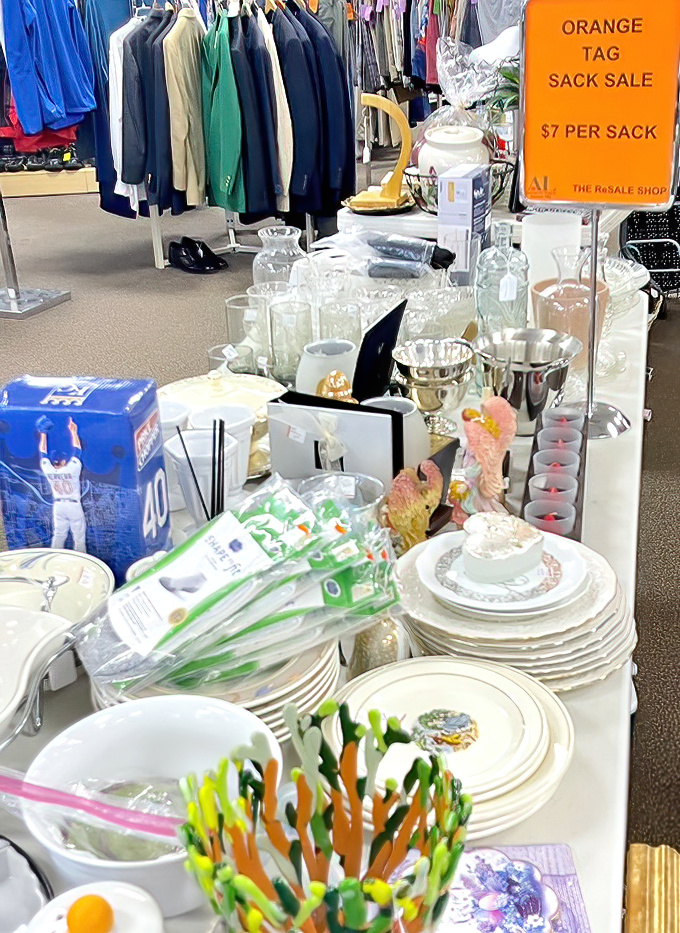 Dishware paradise where mismatched becomes charming and complete sets feel like winning the lottery. That colorful glass bowl is calling your name.