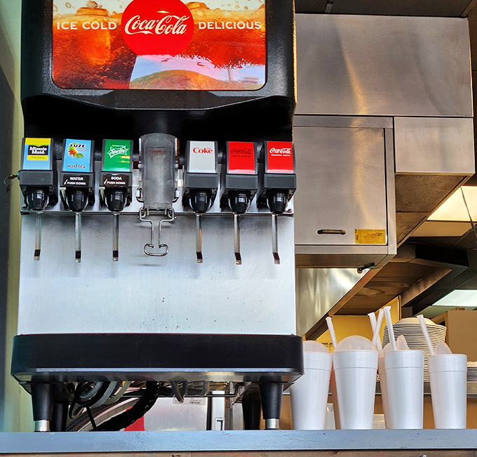 Where liquid refreshment meets seafood satisfaction. This isn't just a soda fountain—it's the hydration station preparing you for the flavor marathon ahead.