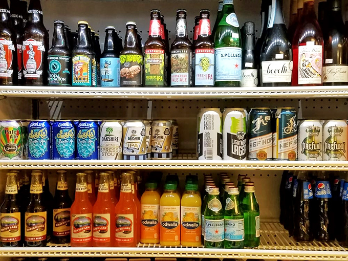 Local beverages line the shelves like liquid ambassadors of Oregon's finest craft brewing traditions.
