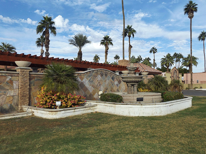 Desert gardening meets Mediterranean inspiration at this palm-fringed community entrance. Even the desert deserves a little ornamental splendor.