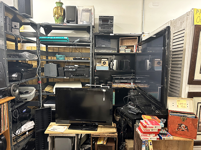 The electronics corner is where vintage tech goes for its second act. Those stereo components remind us when "streaming" meant adjusting the radio antenna.