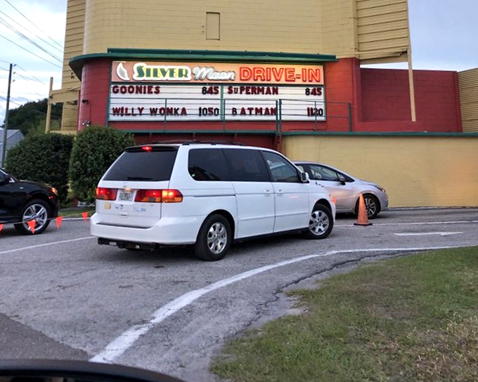 Classic marquee announcing "Goonies" and "Willy Wonka"—proof that Silver Moon knows nostalgia is always in season.