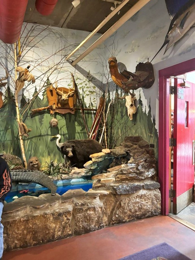 The entrance features a surprising wildlife display—because nothing says "seafood restaurant" quite like taxidermy and a red door.