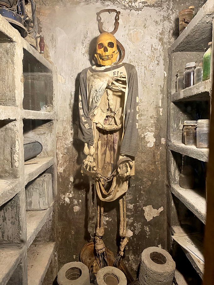 Even the castle's spookier residents get proper medieval treatment in this atmospheric dungeon display area.