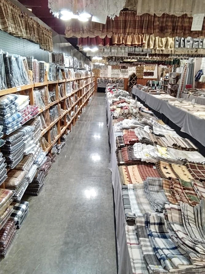 Textile heaven stretches as far as the eye can see. Quilts and fabrics with patterns that tell the story of American home life.