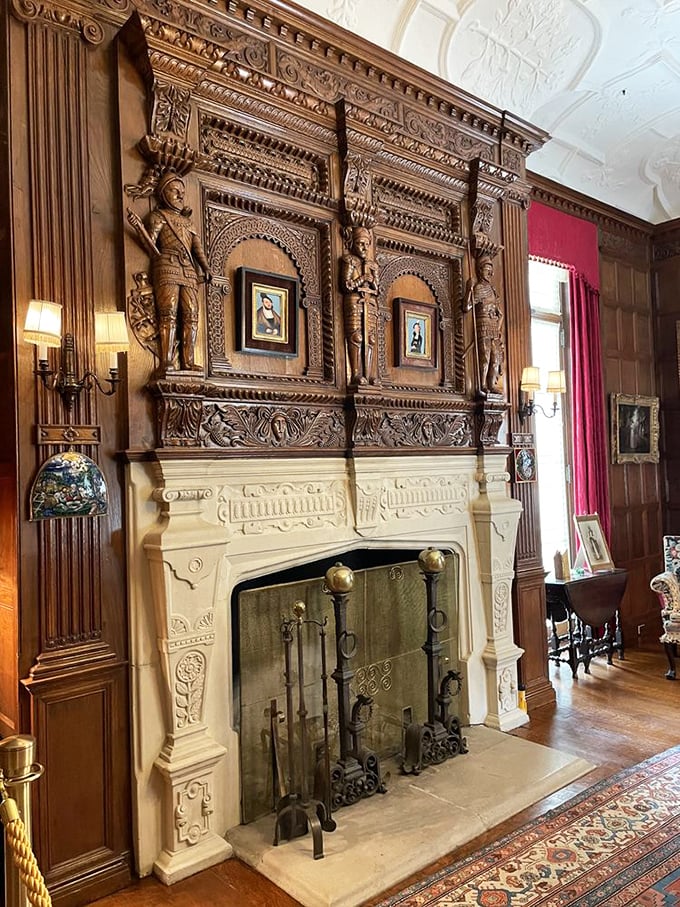 A fireplace that doesn't just warm a room&mdash;it announces it. Carved figures stand eternal guard over the hearth. 