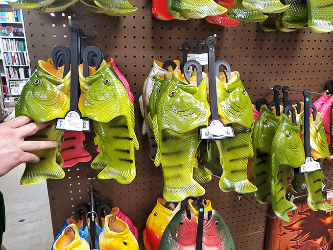 Fish slippers swimming on pegboard seas&mdash;proof that antique stores aren't just about serious collecting but also delightfully weird discoveries that make you smile.