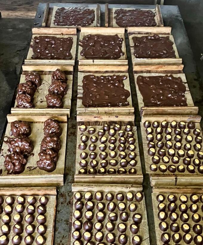 Behind the scenes magic: wooden trays lined with chocolate masterpieces in various stages of creation. Patience never tasted so sweet.