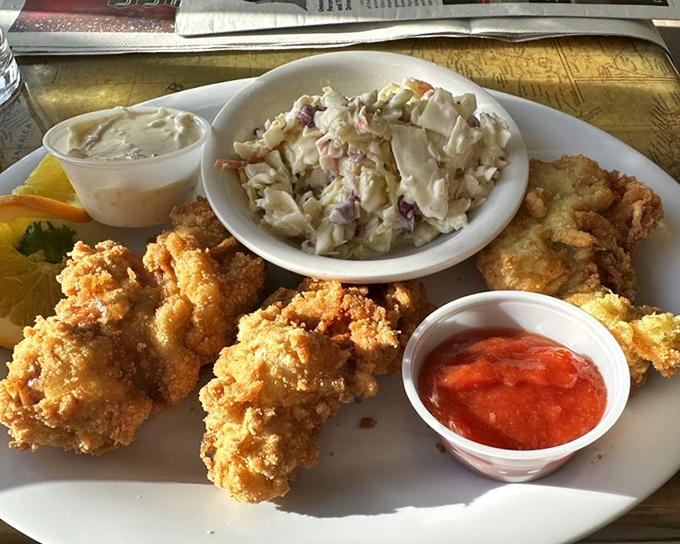 Fried oysters that manage to be both delicate and substantial, with coleslaw that's actually worth eating rather than pushing aside.