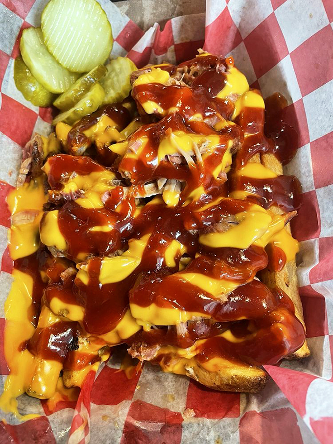 Barbecue fries that don't know whether they're an entr&eacute;e or a side dish. With cheese and sauce flowing like lava, who's arguing about categories?