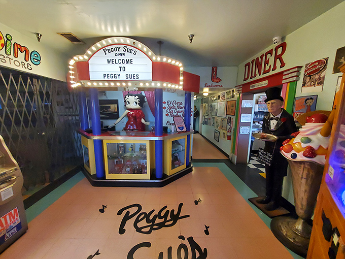 Step into the gift shop entrance and you're greeted by a mini-marquee and Betty Boop&mdash;because no road trip is complete without kitsch souvenirs.