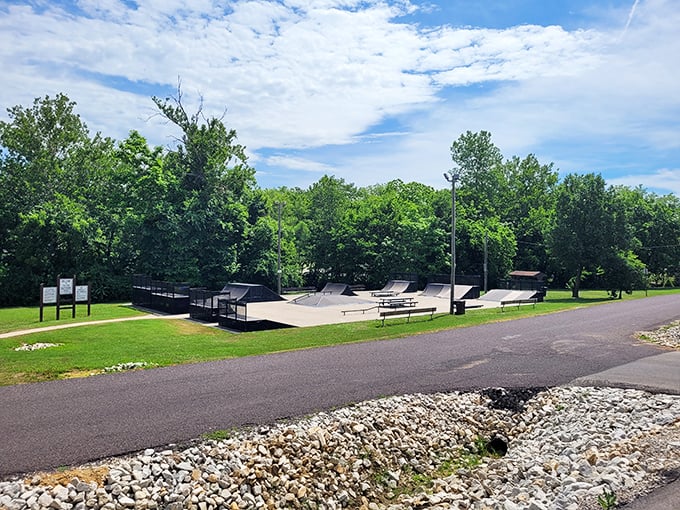 Concrete waves and rails where young skaters practice moves that would terrify anyone over forty-five years old.