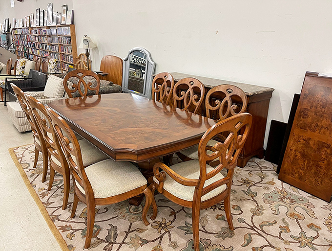 Dining room elegance without the sticker shock &ndash; this ornate wooden set has hosted countless family dinners and stands ready for your memorable meals.