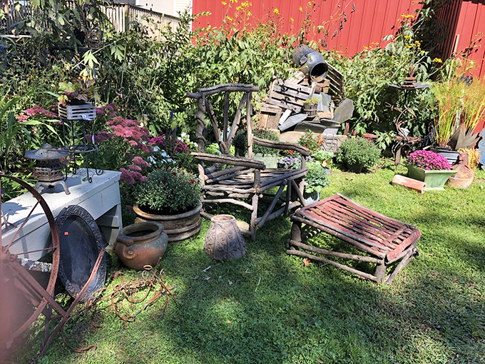 Garden treasures nestled among blooming flowers. These weathered wooden pieces tell stories of outdoor gatherings from generations past.