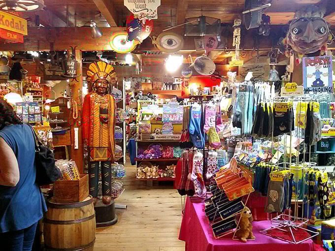The gift shop: where you can take home everything except the aroma of mesquite and the sound of sizzling steaks. That cigar store Indian has seen it all.