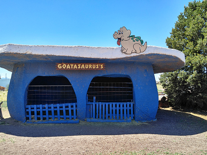 The "Goatasaurus's" enclosure proves that even in this fantastical prehistoric world, someone has a spectacular sense of humor.