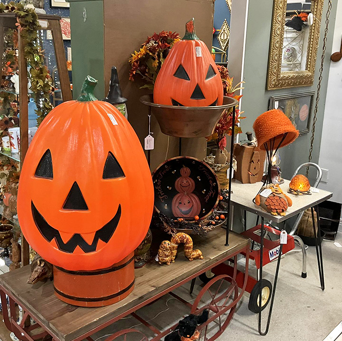 Halloween decorations with retro appeal &ndash; these pumpkins probably lit up porches when "Monster Mash" was still climbing the charts.