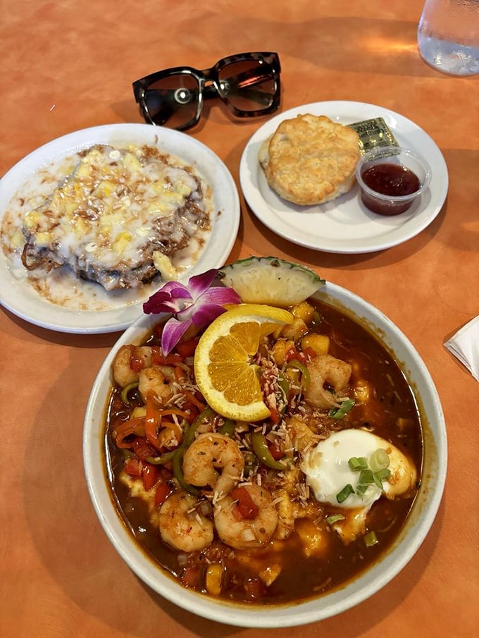 Hawaiian Kona Shrimp swimming in a spicy broth with a poached egg island. Breakfast with vacation vibes and a kick that wakes you better than coffee.