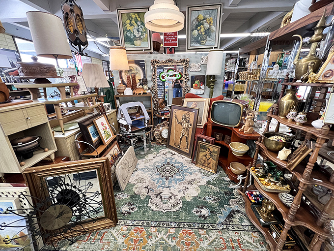 Not just home decor—it's a densely packed museum where everything's for sale. That vintage TV probably showed the moon landing to its first owners.