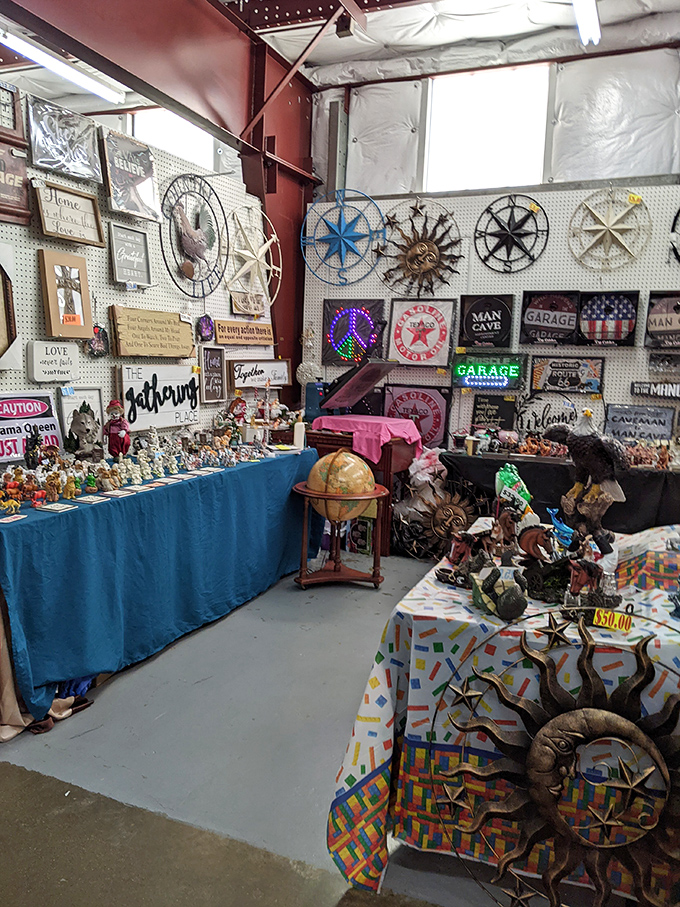 Wall art for every personality hangs alongside decorative metal suns &ndash; because nothing says "my home has character" like a celestial-themed gallery wall.