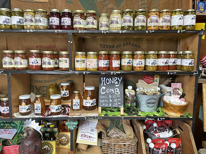 Mason jars of golden goodness line these shelves like edible sunshine. Local honey in varieties that make the supermarket's "regular" and "clover" options seem hopelessly boring.