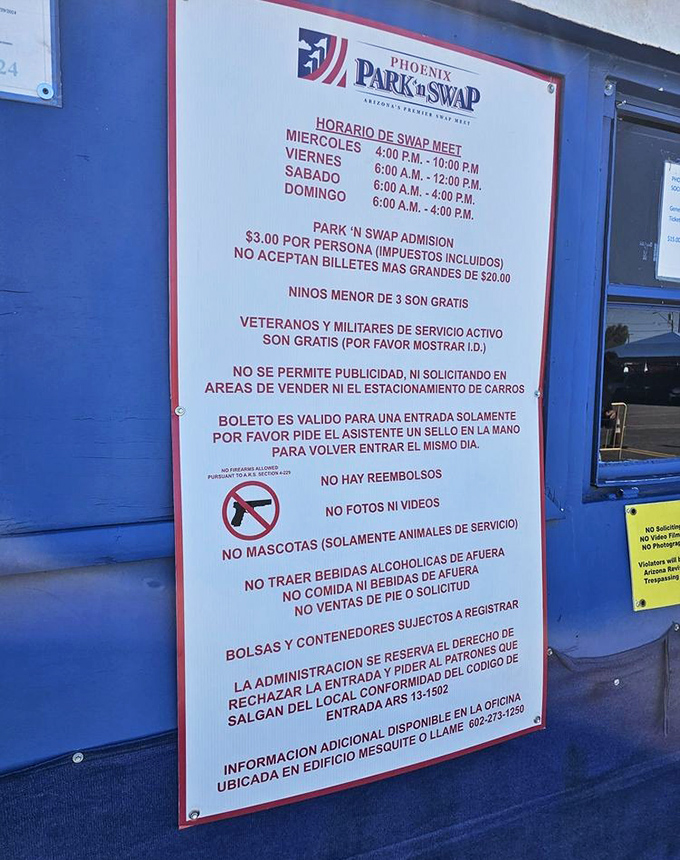 The rules board: part legal document, part cultural artifact, detailing the sacred covenant between swap meet vendors and bargain hunters.