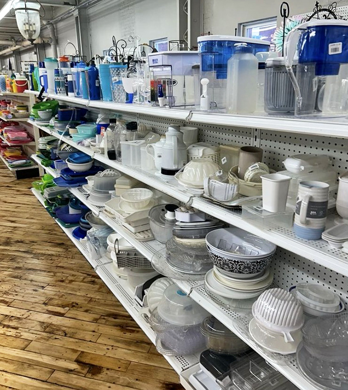 Kitchen gadgets and serving pieces line up like culinary soldiers. From water pitchers to coffee pots, these tools are ready to rejoin the cooking brigade.