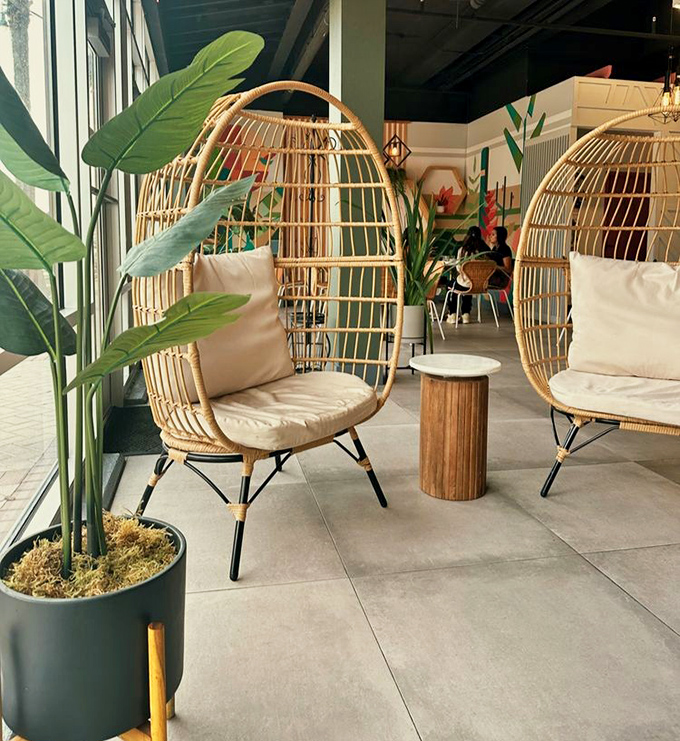 Egg-shaped wicker chairs that cradle you like you're precious cargo. The perfect spot to recover from your food coma or plot your next meal.