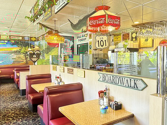 Memorabilia that tells stories while you wait for your meal. That suspended whale might be the only thing not on the expansive menu.