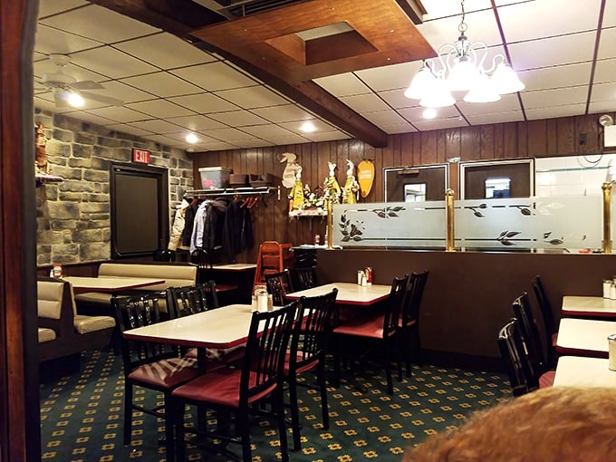 The secondary dining area offers a slightly quieter experience. Stone walls and wood accents create that distinctly Pennsylvania atmosphere of rustic comfort.
