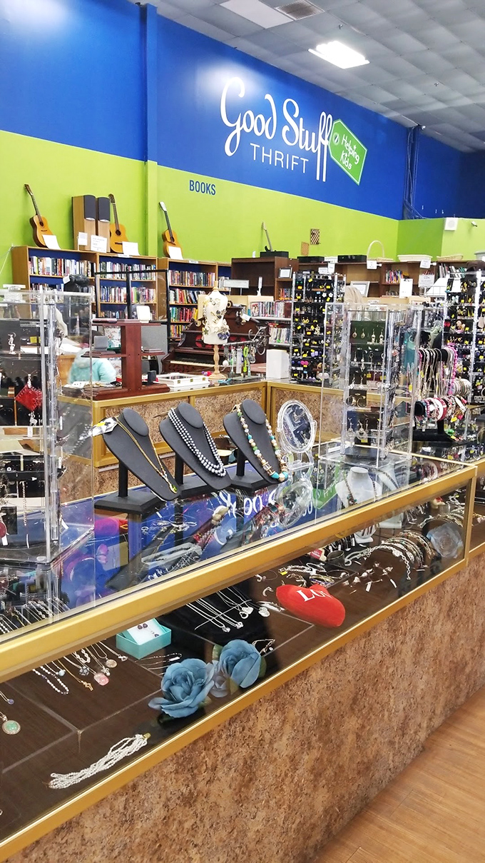 The jewelry counter sparkles with possibility&mdash;someone's discarded accessories waiting to become your signature statement piece.