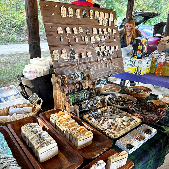 Nature's jewelry box unpacked! Handcrafted soaps and gemstones create a sensory experience that's equal parts craft fair and geology exhibit.