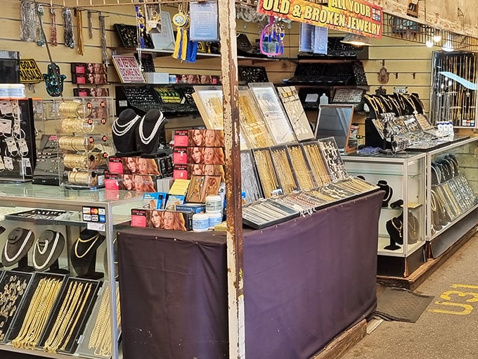 Gold glitters under fluorescent lights as shoppers hunt for that perfect piece. One person's bling is another person's treasure at this jewelry wonderland. 