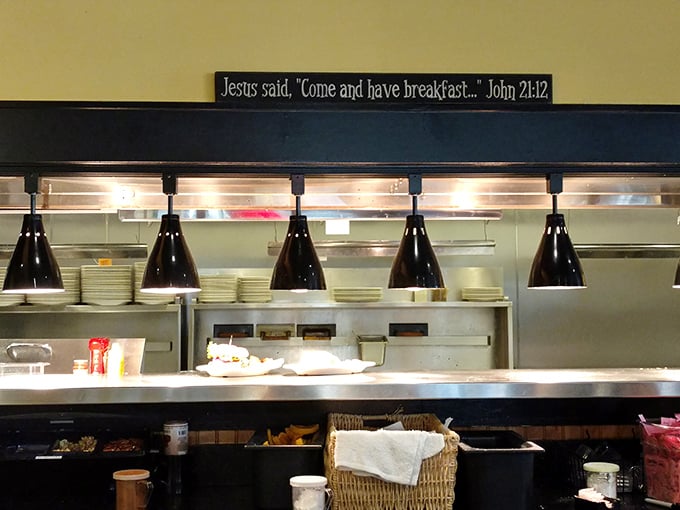 Jesus said, 'Come and have breakfast' reads the kitchen sign, and who are we to argue with divine breakfast wisdom?