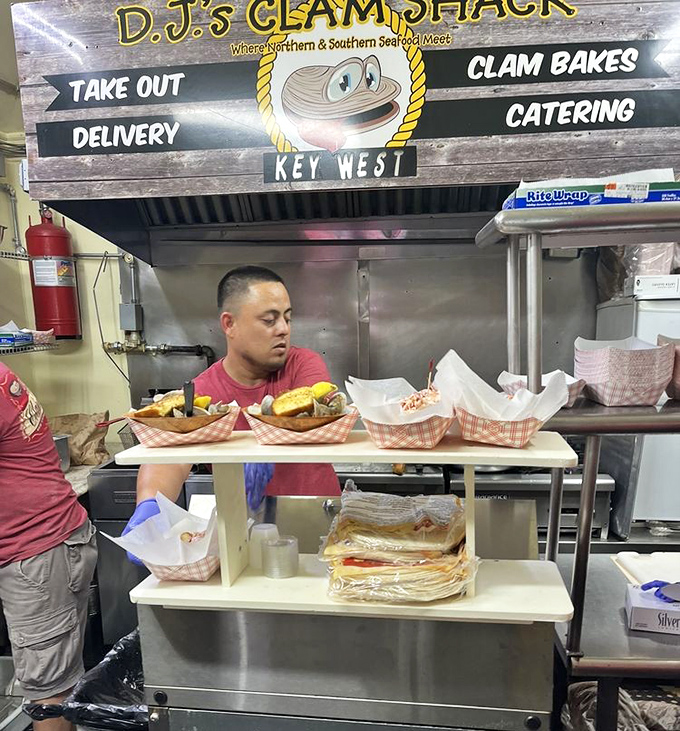 Behind every great seafood shack is a kitchen staff that knows exactly what they're doing. Precision in a tiny space.