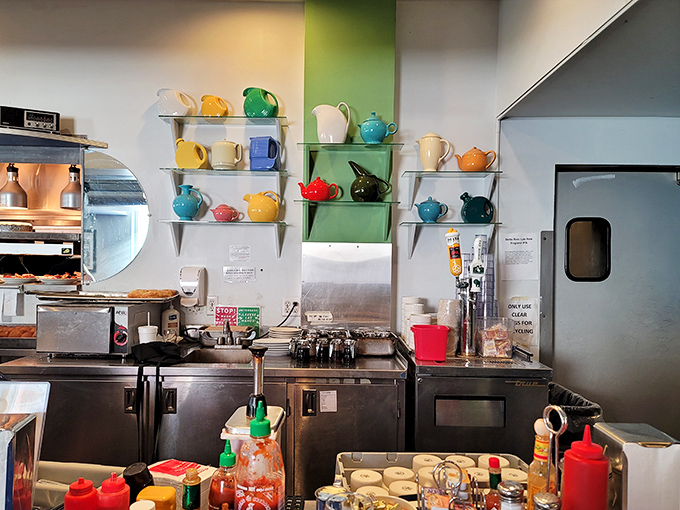 The kitchen's colorful teapot collection adds whimsy to the serious business of creating comfort food that consistently hits the spot.