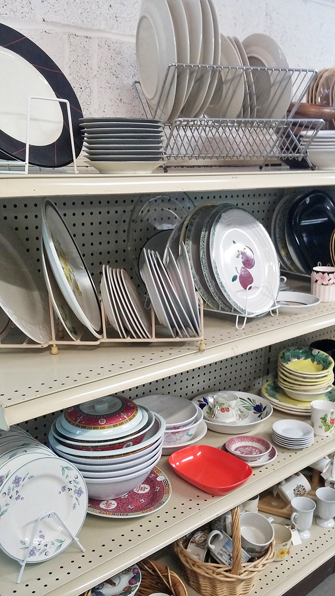 Plates and dishes stacked with military precision—some with patterns discontinued decades ago—ready to bring vintage charm to modern tables.