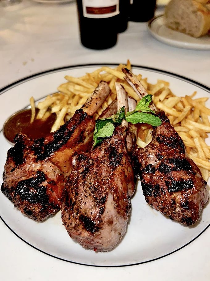 Lamb chops with the perfect char marks that say "our grill master could have been a fine artist but chose meat as their medium."