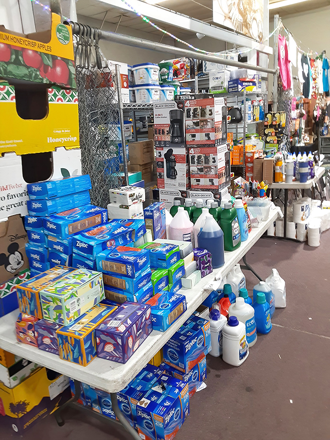 Cleaning supplies and household essentials stacked with the precision of a retail Tetris champion. Adulting made affordable!