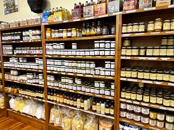 Shelves stocked with jams, jellies, and preserves&mdash;each jar containing a spoonful of Amish Country sunshine.